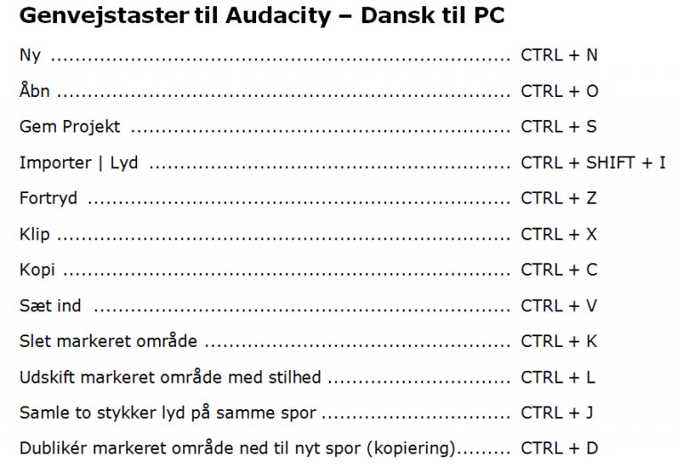 Audacity - Genvejstaster - Webstudy